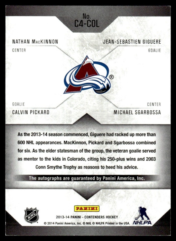 2013-14 Panini Contenders Fours Autographs Pickard/Giguere/Sgarbossa ...