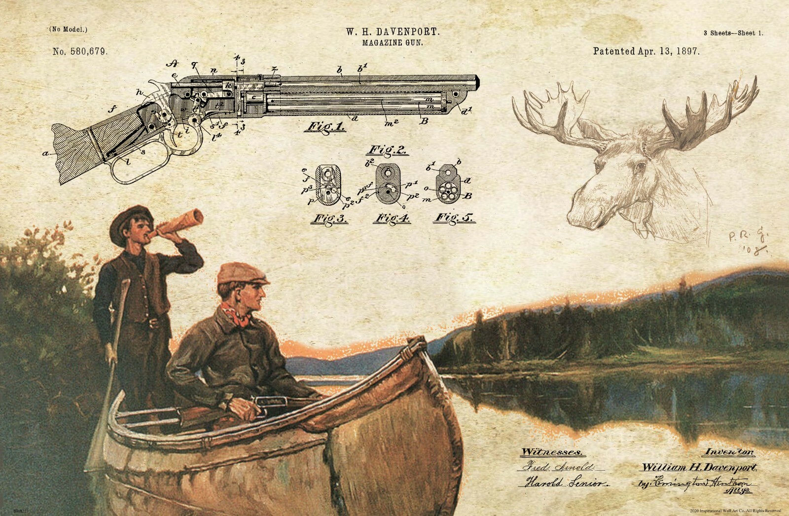 Vintage Moose Hunting Gun Rifle Patent Art Print 11x17 Lodge Cabin Wall ...