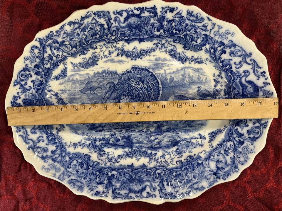 Rare Vintage Large 18 x 14" Flow Blue Oval Turkey Platter +11 Plates 9 ...