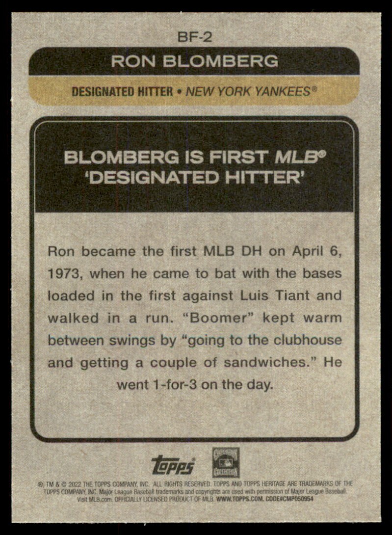 Ron Blomberg 2022 Topps Heritage 1973 Baseball Flashbacks Insert Card # ...