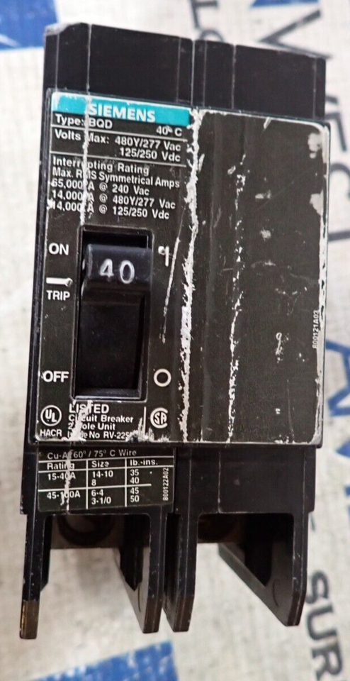 Siemens BQD240 40 Amp 480Y/277 VAC 2 Pole Type BQD Bolt-On Breaker ...
