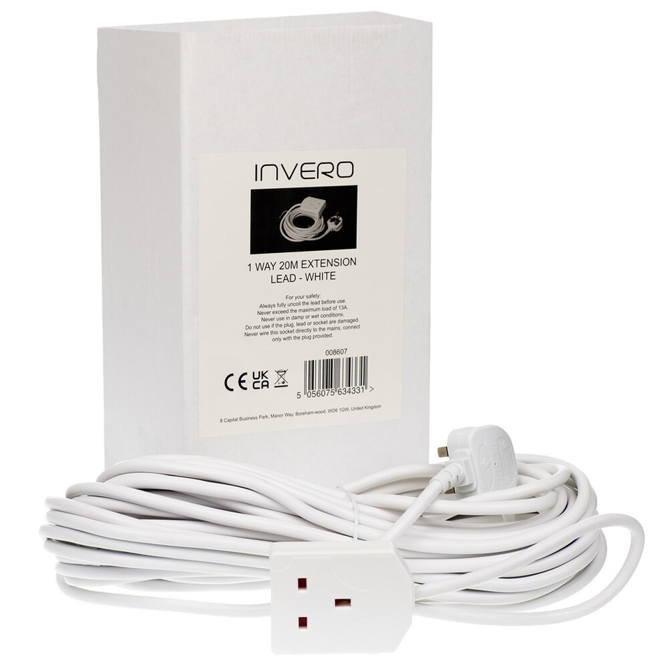 1 Way Mains Extension Lead Single Gang Socket Power 20M Metre Cable 13A ...