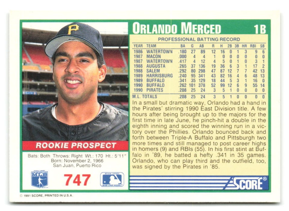 1991 Score Orlando Merced Rookie #747 Pittsburgh Pirates BASEBALL Card ...