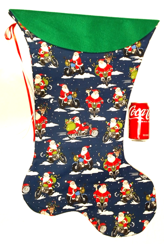 SANTA RIDING MOTORCYCLE PRINT, GIANT CHRISTMAS STOCKING , NEW USA | eBay