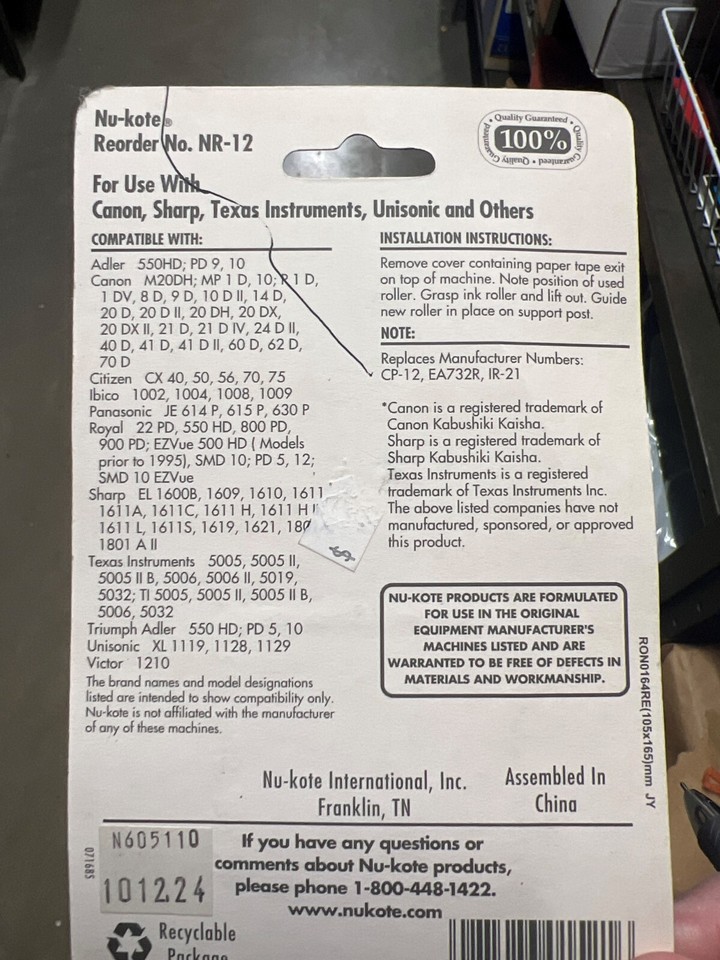 Nu-Kote Calculator Ink Roller Black/Red Replacement NR12 - New | eBay