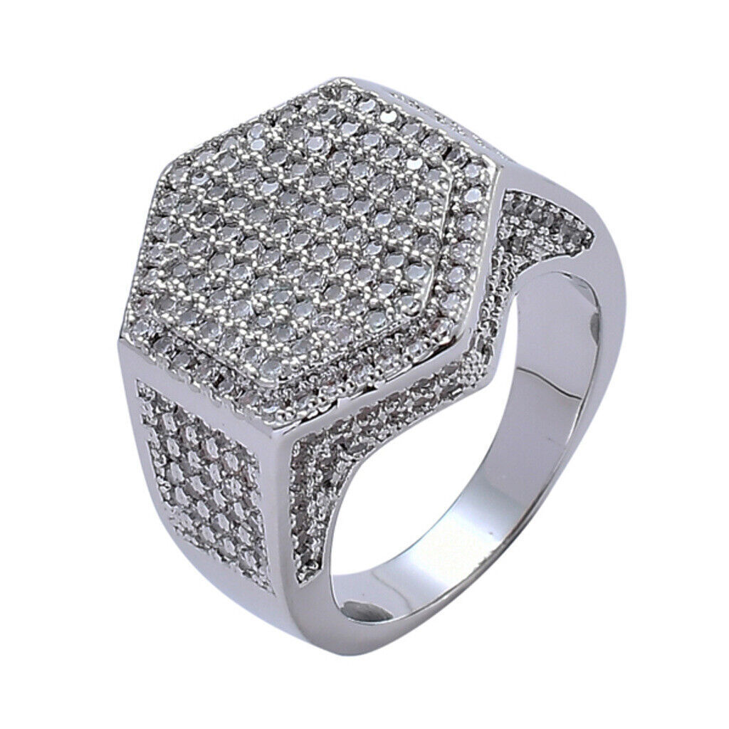 Hip Hop Mens Women Iced Flooded Hexagon Ring Brass Pinkie Jewelry A9282 ...