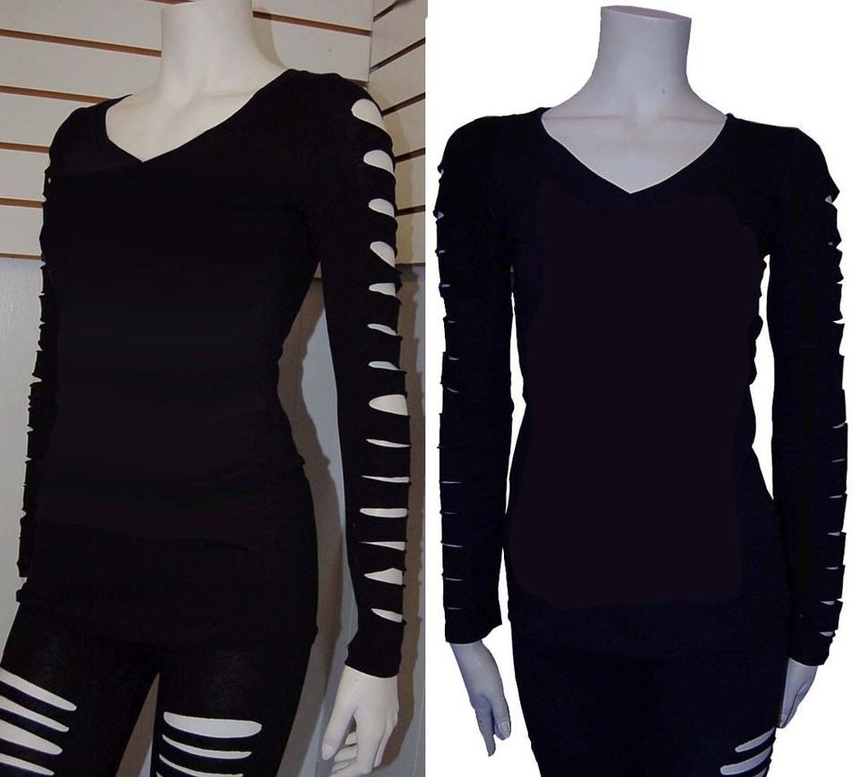 New Cut Out Ripped Arms Long Sleeve Shirt Stretch Black Choose S to 3XL ...