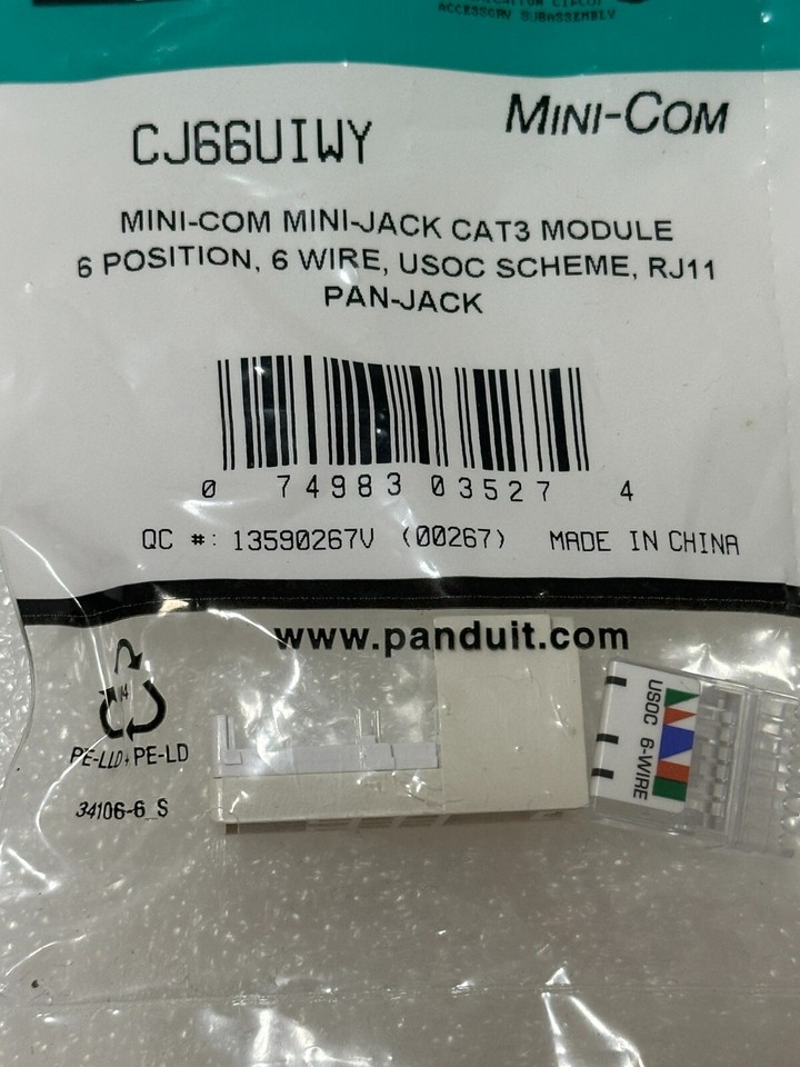 PANDUIT CJ66UIWY JACK ETHERNET MINI-COM MINI-JACK MODULE CAT 3 UTP 6 4 ...