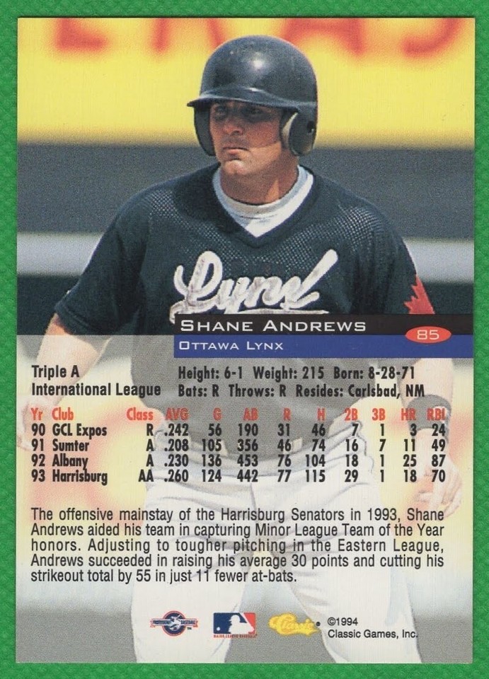 Shane Andrews - 1994 Classic #85 - Ottaway Lynx Baseball Card | eBay