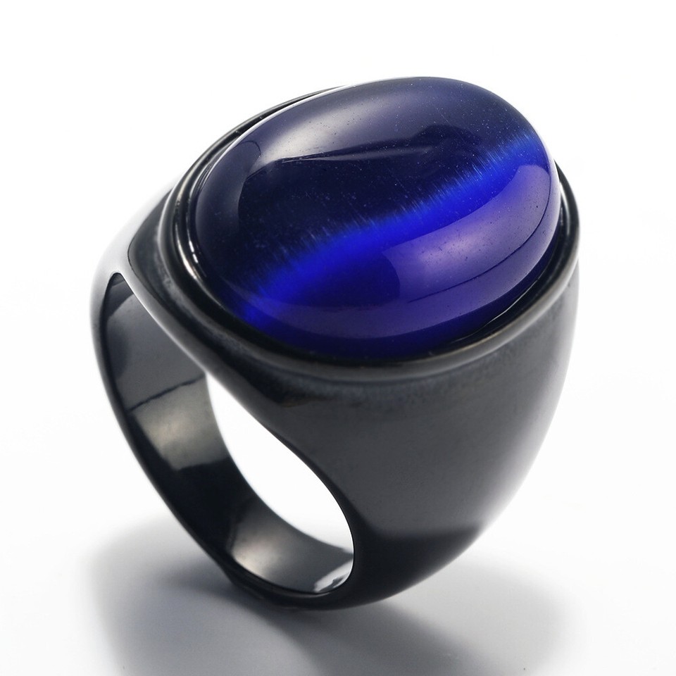 Blue Oval Stone Vintage Wedding Jewelry Ring Stainless Steel Men Women ...