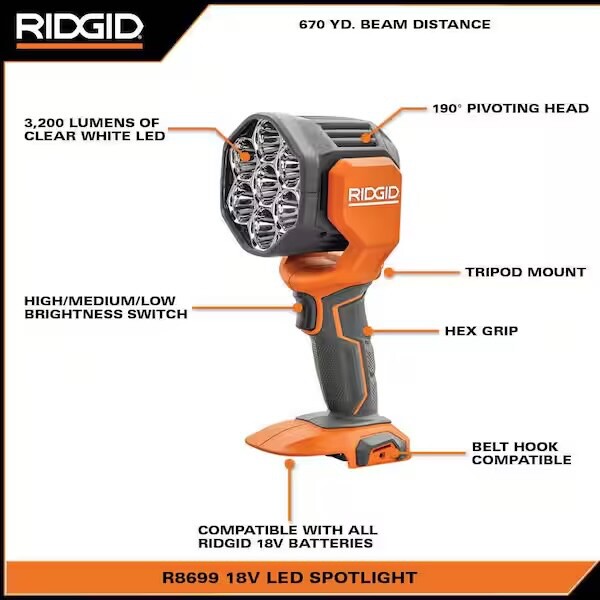 RIDGID LED Stick Light - Spotlight & Hybrid Panel Light 18V Cordless | eBay