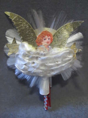 VINTAGE CHRISTMAS ANGEL SPUN GLASS TREE TOPPER W/ GOLD WINGS & STARS ...