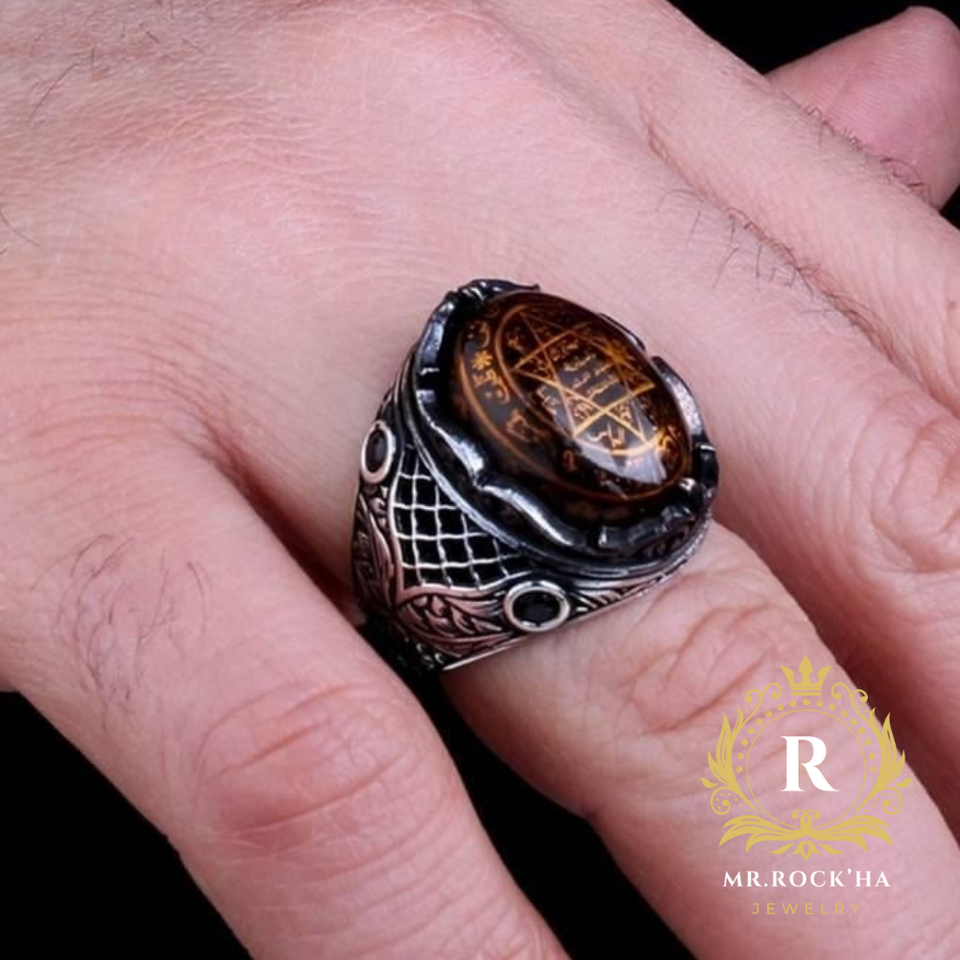 Seal of Solomon Brown Amber Stone Mens Ring: 925 Sterling Silver ...