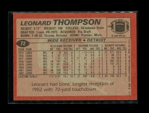 Vintage 1983 TOPPS Football Trading Card #72 LEONARD THOMPSON Detroit ...