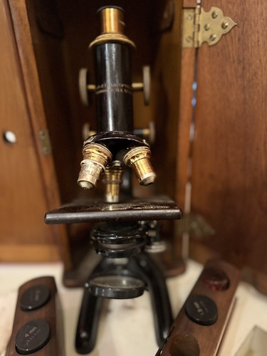 PAIR! PAIR! Antique Bausch & Lomb Brass Microscopes, With Wood Boxes ...