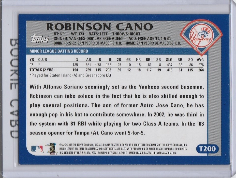 ROBINSON CANO ROOKIE CARD 2003 Topps Traded RC New York Yankees ...