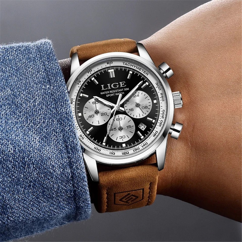 LIGE Men Watch Top Brand Luxury Military Leather Wristwatch Male Quartz ...