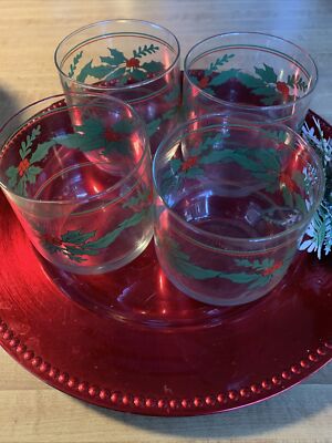4 Vintage Christmas Holly Glasses Egg Nog , Punch | eBay