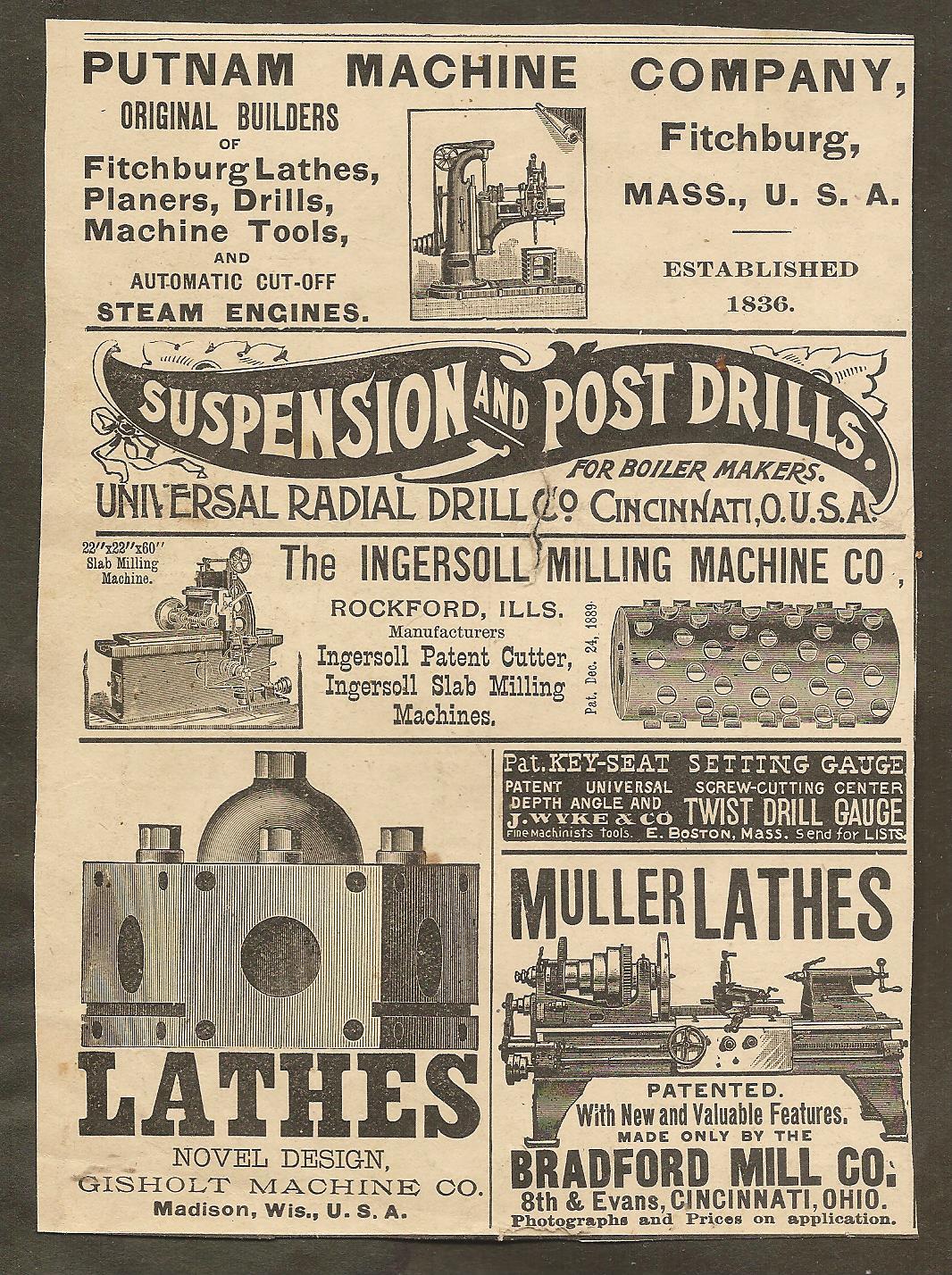 VINTAGE ADS PUTNAM MACHINE COMPANY, INGERSOLL MILLING MACHINE, MULLER ...