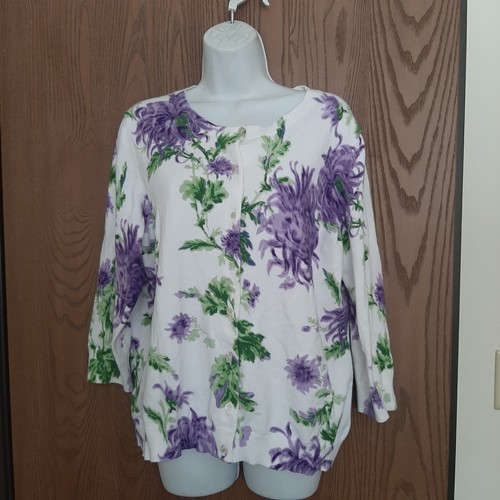 Vintage Talbots Cotton Blend Floral Cardigan Sweater XL Purple Flowers ...