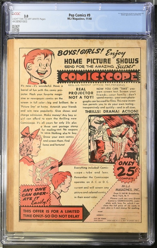 Pep Comics #9 CGC GD/VG 3.0 Early Issue Shield Appearance Scarce ...