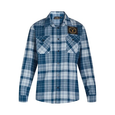 New Men's Yellowstone Dutton Ranch Plaid Flannel Work Shirt Size M Blue ...