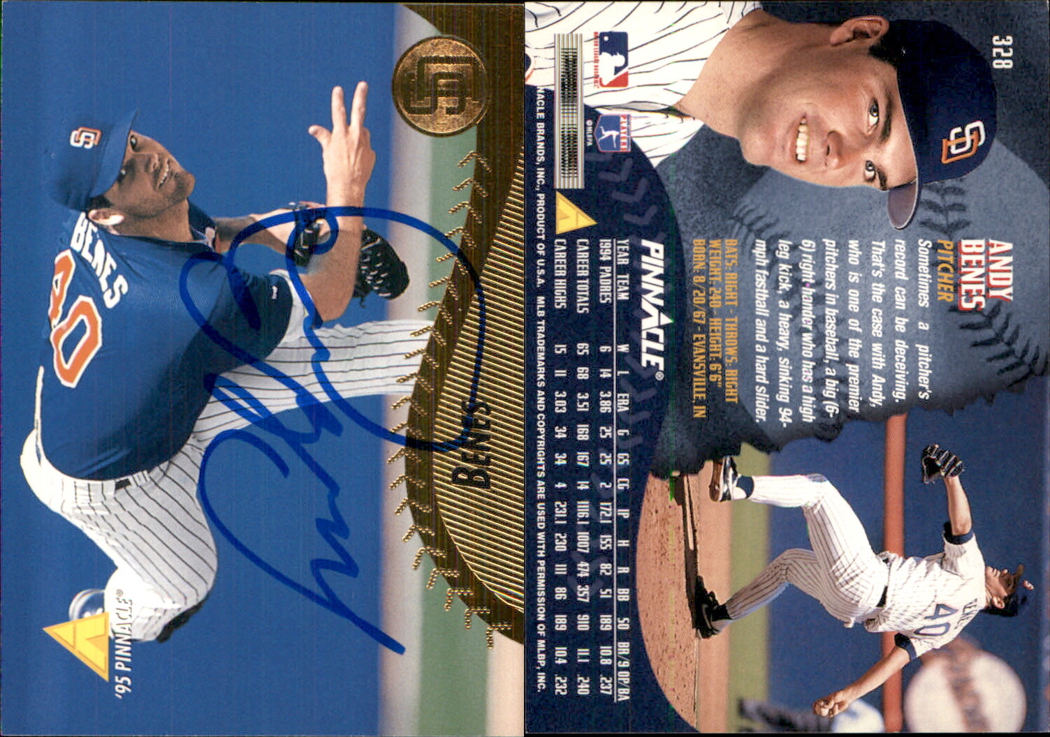 Andy Benes Signed 1995 Pinnacle #328 Card San Diego Padres *Autograph ...