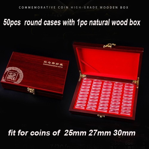 50× 30MM Coin Capsules Storage Box with Wooden Case Holder Collection ...