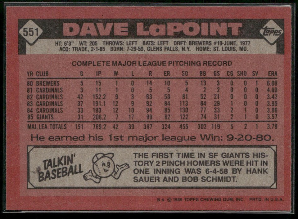 1986 Topps #551 Dave LaPoint | eBay