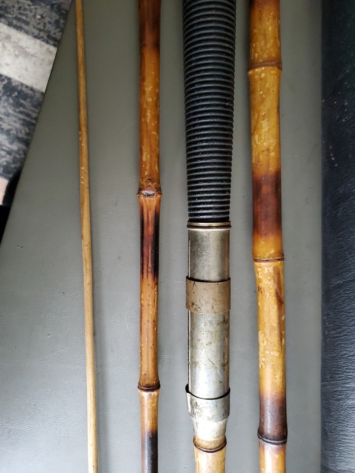 Vintage Bamboo Cane Pole Fishing Rod 4 Piece 12Ft with Eyelets and Wood ...