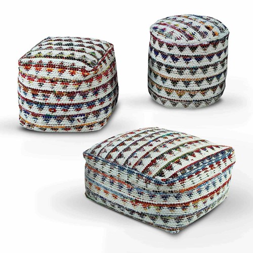 Handmade Pouf Ottoman Multi Coloured Round and Cube Chindi Pouffe Bean ...