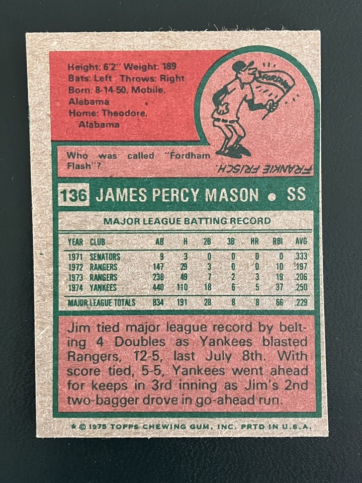1975 TOPPS MINI HIGH GRADE SET BREAK- JIM MASON - CARD #136 - YANKEES ...