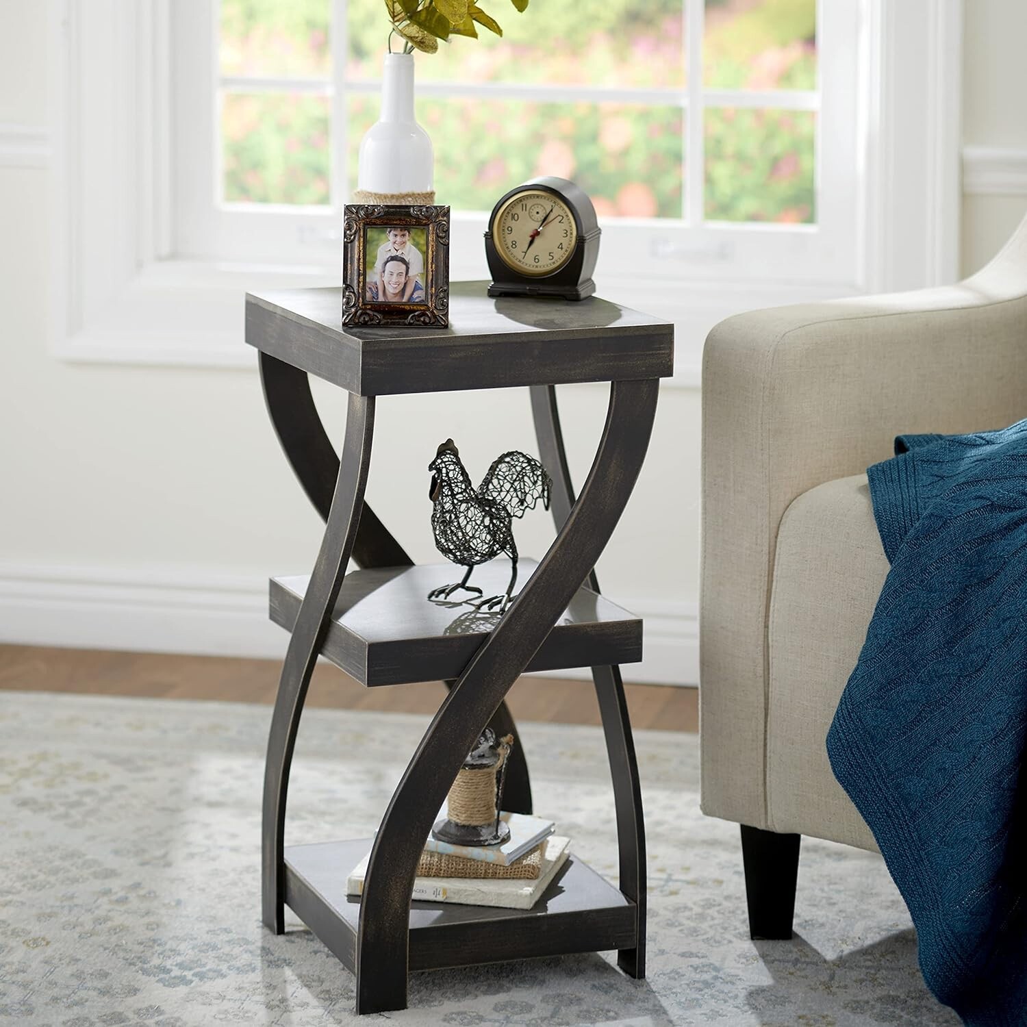 Twisted End Side Table Nightstand Distressed Black Living Room Bedroom ...