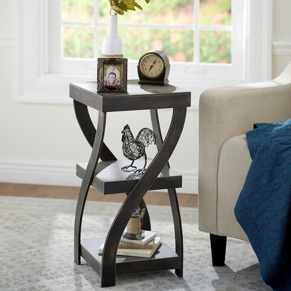 Twisted End Side Table Nightstand Distressed Black Living Room Bedroom ...