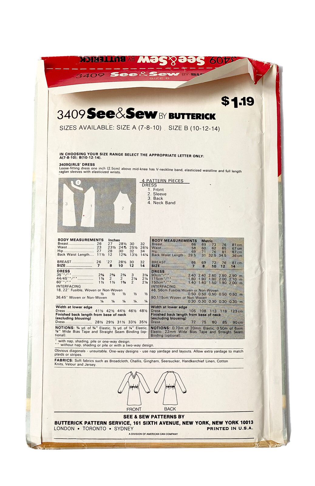 Vintage UNCUT Butterick 3409 See & Sew Sewing Patterns Girls Dress ...
