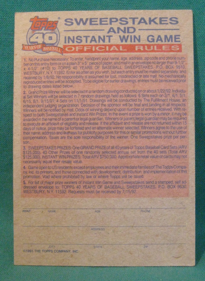 1991 Topps Baseball Instant Win Game Card | eBay