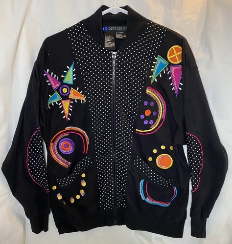 IB Diffusion Full Zip Bomber Jacket Embroidered Embellished Tribal 80s ...
