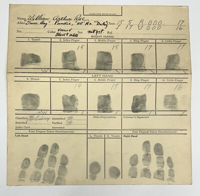 Original 1934 Cleveland Ohio Fingerprint Card William Arthur Rue Humor ...