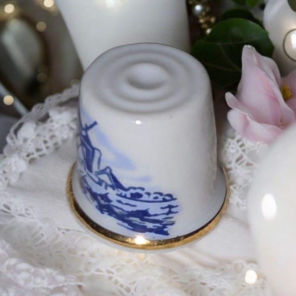 Porcelain Thimble With Blue Windmill Design Gold Tone Trim Japan | eBay