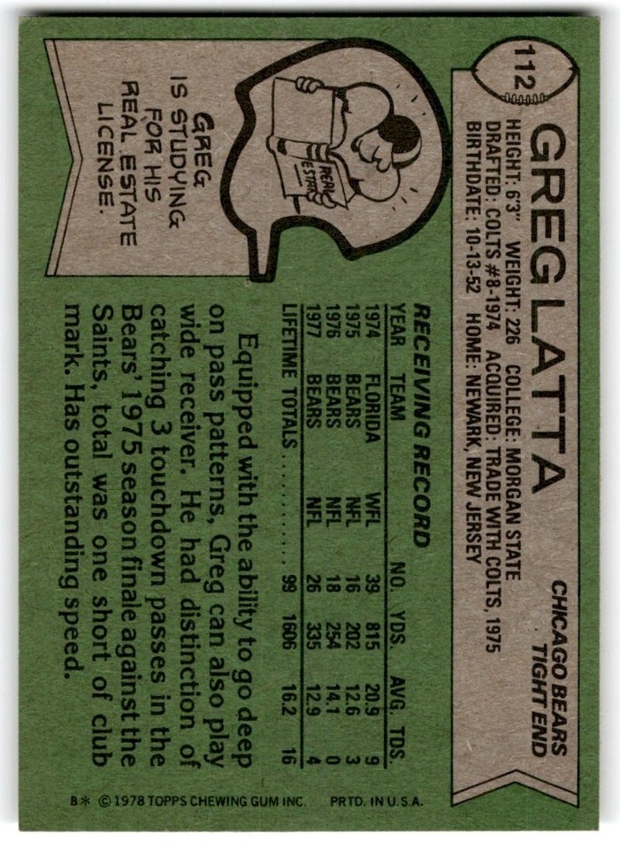 1978 Topps Greg Latta Chicago Bears #112 | eBay