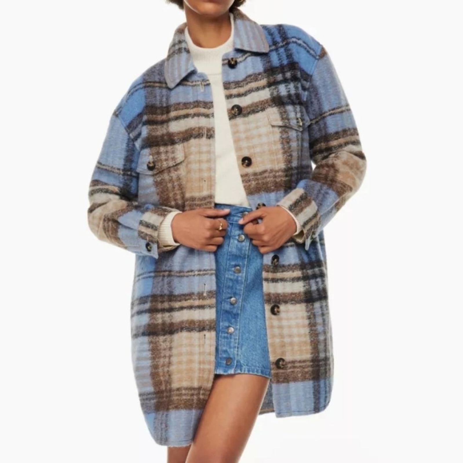 Aritzia Wilfred Ganna Jacket Wool Long Plaid Blue Bro… - Gem