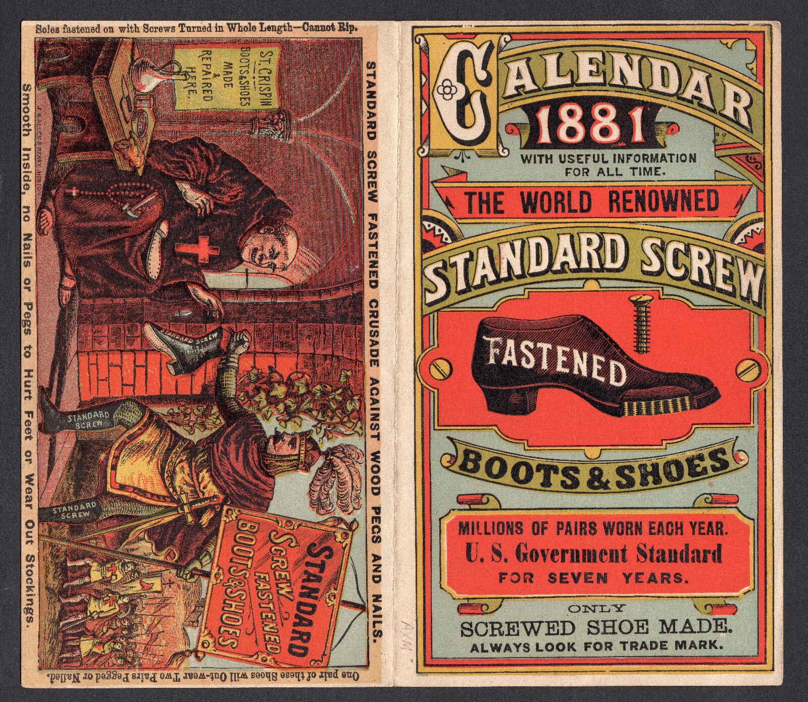 1880 Calendar Trade Card STANDARD SCREW BOOTS & SHOES St. Crispin ...