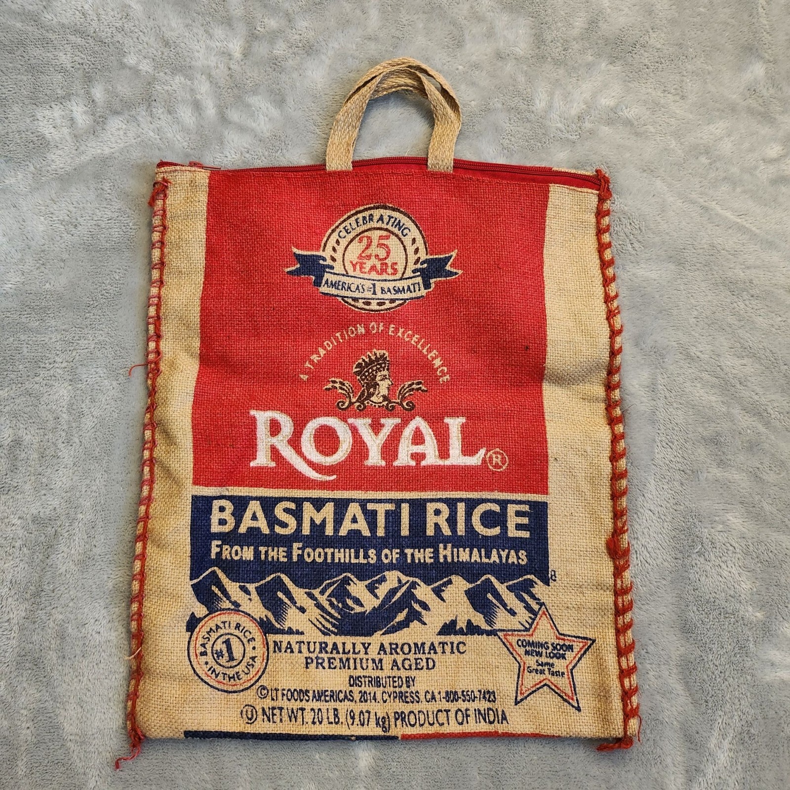 Royal Basmati Empty Rice Bag Handles Jute Zipper 20 lbs India Himalayas ...