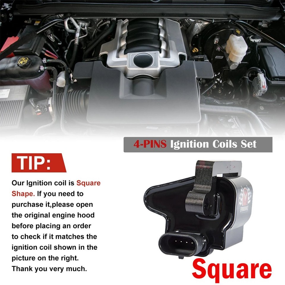8 Pack For Chevy GMC 4.8L 5.3L 6.0L 8.1L Square Ignition Coil & Spark ...