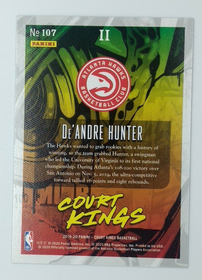 2019-20 Panini Court Kings II De'Andre Hunter Rookie RC #107, Atlanta ...