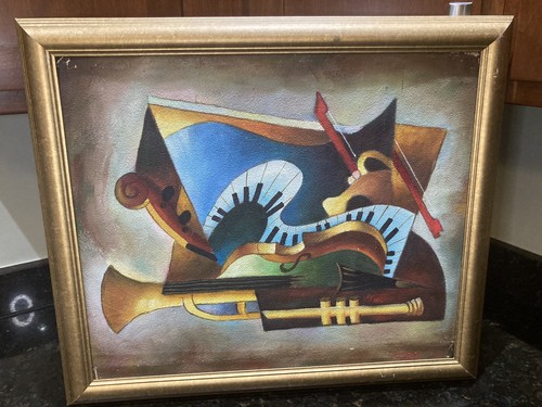 Large Oil On Canvas Abstract of Musical Instruments Framed | eBay