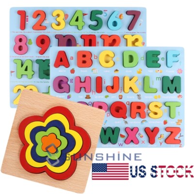 Baby Kids Educational Learning Toys Wooden Alphabet Number Puzzle ...