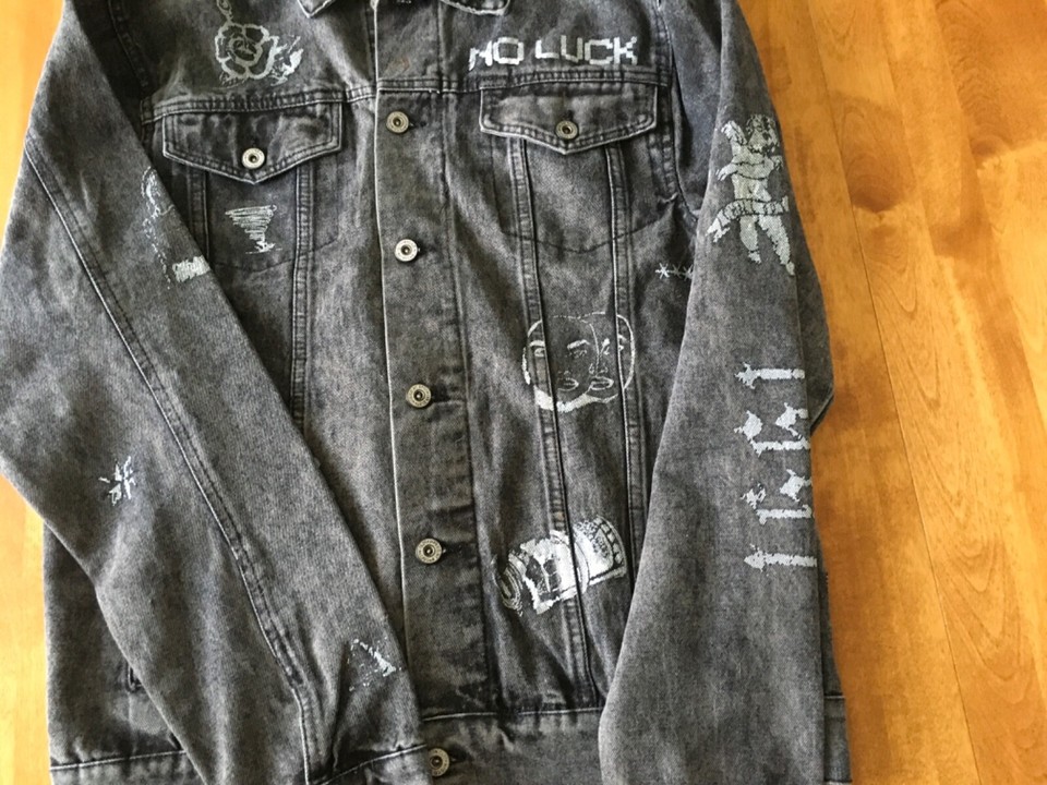 Brooklyn Cloth Black Jean Jacket. No Luck. Scribble/Doodle. Large | eBay