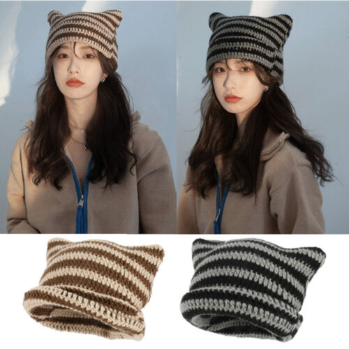 Winter Unisex Beanie Hat Little Devil Striped Knitted Cap Cat Ears Women Hats | eBay