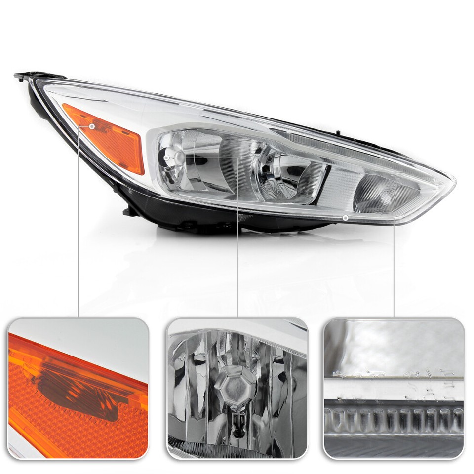 2015-2018 Ford Focus Halogen Chrome w/ LED DRL Headlight Headlamp ...